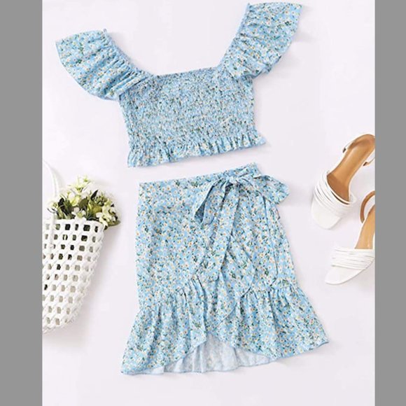 Dresses | Womens Two Piece Ruffle Trim Cami Crop Top And Wrap Skirt Set ...